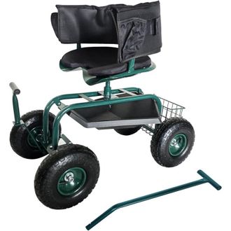 Relaxdays Si&egrave;ge de jardin mobile Relaxdays, r&eacute;glable en hauteur, 150 kg, rangements, poign&eacute;es, coussin, dossier, chariot, vert