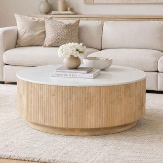 M&S Collection Table basse ronde 91x91x38cm en manguier blanchi et terrazzo blanc