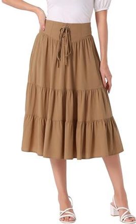 Allegra K Jupe trap&egrave;ze &agrave; Plusieurs Niveaux pour Jupe mi-Longue &eacute;vas&eacute;e &agrave; Taille &eacute;lastique &agrave; Lacets pour Femmes Kaki L