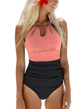 Cupshe Maillot de bain une pièce pour femme - Col haut - Contrôle du ventre - Maillot de bain, noir/rose, Taille M