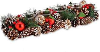 Matches 21 Adventsgesteck 40 cm als Holz-Deko Teelicht-Halter mit Kerzengläser und braun roter Weihnachtsdeko