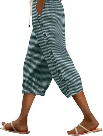 Generic Pantalon rayé pour femme - Pantalon décontracté longueur genou - Bermuda taille haute - Short 3/4 - Pantalon bengaline droit avec taille élastique - C