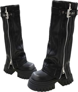 Generic Bottes hautes repliables pour femmes, boucle de ceinture, bout rond, talon &eacute;pais, fermeture &eacute;clair, bottes hautes, plateforme, moto, confortables, 5,5