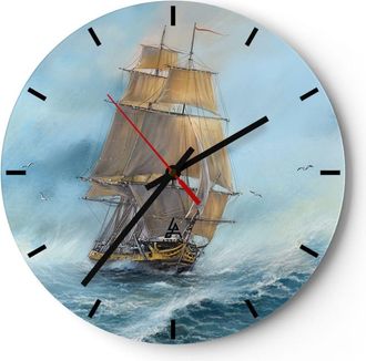 Arttor Modern Wanduhr Meer Schiff Nautisch 30x30cm Rund Klein Wand Uhr Glas Analog Zimmeruhren Küche Büro Wohnzimmer Glasuhr Wall Clock Dekoration Design Wan