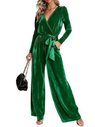 Minetom Combinaison Femme Chic Col V Velours Jumpsuit Une Pi&egrave;ce Tenue Manches Longues Soir&eacute;e F&ecirc;te Overall avec Ceinture A Vert Fonc&eacute; XXL