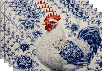 Generic Frühling-Sommer-Landhaus-Platzdeckchen mit blauem Huhn, florales Bauernhaus, dekorative Platzsets für Esstisch, waschbar, rutschfest, für Innen- und A