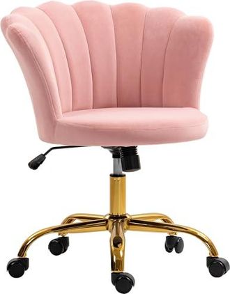 HOMCOM Chaise Bureau en Velours, Chaise Coiffeuse avec Dossier en p&eacute;tale, Hauteur r&eacute;glable, Fonction Bascule, Assise rembourr&eacute;e et pivotante, Fauteuil Coquil