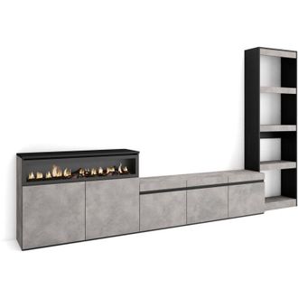 Skraut Home Wohnwand Wohnzimmer, Wohnzimmerm&ouml;bel, M&ouml;belset, 310x186x35cm, F&uuml;r TV-Ger&auml;te bis zu 65, Elektrokamin., Moderner Stil, Zementgrau - Skraut Home