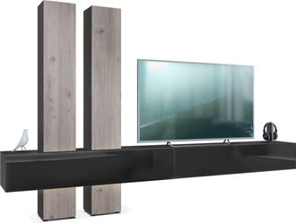 Vladon Wohnwand Moja, Made in Germany, Schwarz matt & Schwarz/Eiche Nordic - Moderne Anbauwand für Ihr Wohnzimmer (BxHxT) 330 x 204 x 39 cm