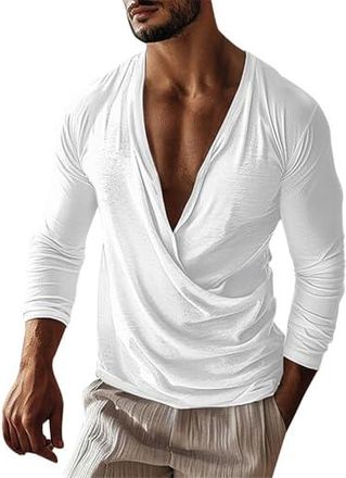 Generic Chemise &agrave; manches longues pour homme, col en V profond, l&eacute;g&egrave;re, respirante, pour l&eacute;t&eacute;, la plage, les f&ecirc;tes, le printemps et lautomne, blanc, XXL