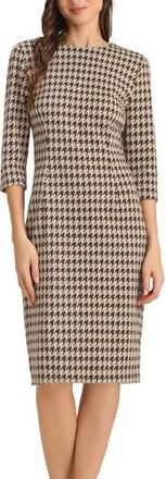 Allegra K Robe Midi Pied-de-Poule Femme Crayon &agrave; Manches 3/4 &Eacute;l&eacute;gante Col Rond Robe Fourreau Fendue Robe Moulante Chic Marron L