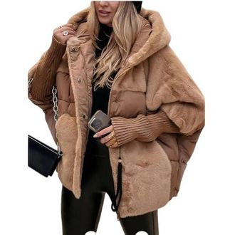 Generic Doudoune surdimensionn&eacute;e pour femme, veste en duvet polaire l&eacute;g&egrave;re &agrave; capuche patchwork manteaux dhiver chauds, kaki fonc&eacute;, 3XL