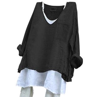 Generic Chemisier Femme Coton Et Lin Chic Et Elegant D&eacute;contract&eacute;s Chemisiers Et Blouses D&eacute;t&eacute; &Agrave; Manches Longues Col V Loose Top Legers Respirant Tunic Mode Cot