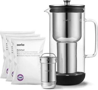 Aarke Aarke Purifier, Wasserfilterkanne aus Glas und Edelstahl (2,4 L / 10 Tassen) + 3er-Pack Enriched Filter-Nachf&uuml;llbeutel