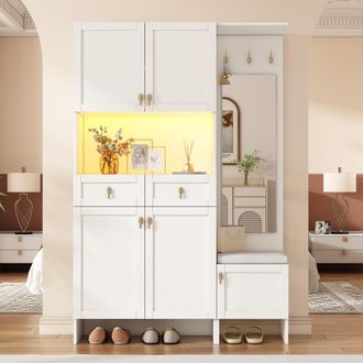 Merax Garderobenschrank, Flurgarderobe mit Schuhbank, Schuhschrank und gro&szlig;em Stauraum, Garderobenset mit LED, 2 Schubladen, 5 T&uuml;ren, 3 Haken und 1 Spiegel,