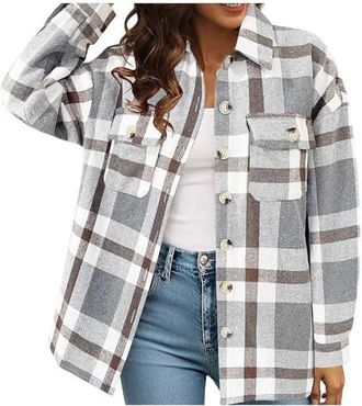Generico Chemise à carreaux pour femme Veste tendance Shacket Veste en flanelle pour femme Chemise en flanelle à carreaux Cardigan oversize pour printemps déco