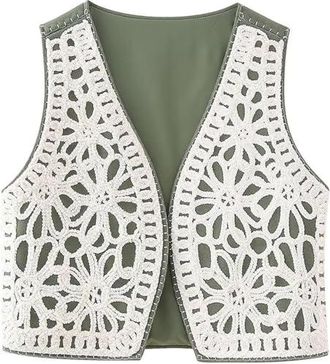 Lazutom Gilet vintage brodé floral Y2k sans manches ouvert en crochet pour femme, blanc, M
