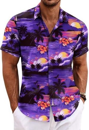 Coofandy Chemises hawa&iuml;ennes &agrave; manches courtes pour homme, chemise d&eacute;t&eacute; d&eacute;contract&eacute;e &agrave; motif floral, Bleu coucher de soleil violet, 3XL
