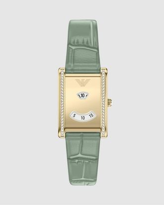 Emporio Armani Uhr mit zwei Zeigern aus gr&uuml;nem Leder in Gold