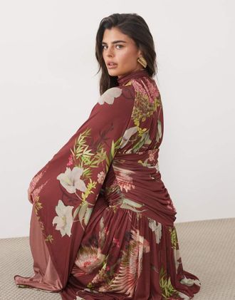 Asos robe longue en tulle &agrave; col montant avec d&eacute;tail de manches cascade, olive-Vert