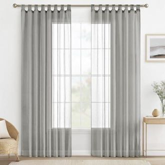 Miulee Rideaux Voilages Panneaux Voile De Fen&ecirc;tre Transparents D&eacute;coration Chambre Salon Lisse &Eacute;l&eacute;gant Rideau Lot de 2 Couleur Pure 140x225cm Gris