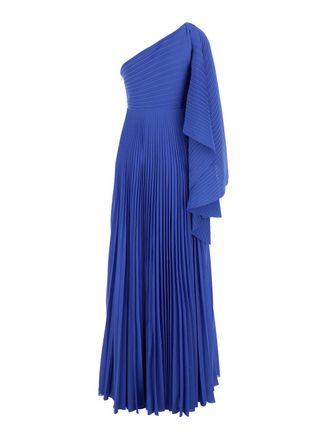Solace London Womens Blue One-Shoulder Long Dress With Pleated Effect Polyester