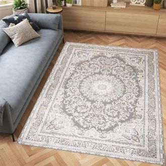 Tapiso Hera Tapis Poil Court Brillant Gris Cr&egrave;me Beige Vintage Design Traditionnel Motif Rosace Floral Ornamental Bord&eacute; Mouchet&eacute; Effet 3D Tapis Salon Chambre