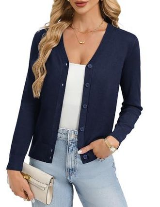 Grace Karin Cardigan d&eacute;t&eacute; l&eacute;ger classique &agrave; col en V boutonn&eacute; pour femme, bleu marine, XL