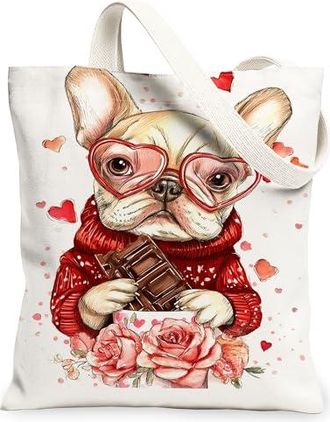 Generic Sac fourre-tout en toile pour chien de Saint-Valentin, adorable motif floral, sacs d&eacute;picerie r&eacute;utilisables, l&eacute;gers et lavables avec bandouli&egrave;re, blanc