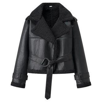 Generic Veste polaire courte pour femme en cuir synth&eacute;tique avec doublure Sherpa pour lhiver et le printemps, Noir, S