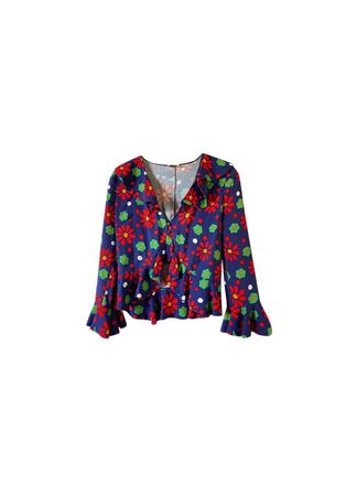 Saint Laurent blue, red & green floral crepe blouse Size M