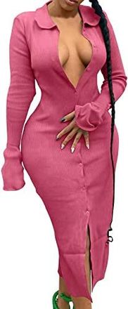 Generic 2026 Printemps Femmes Col en V Automne et Hiver Mode Boutonni&egrave;re Robes &eacute;vas&eacute;es &agrave; manches longues, rose vif, M