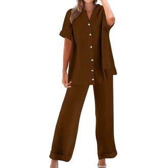 Generic Ensemble de pyjama 2 pi&egrave;ces &agrave; manches longues pour femme - V&ecirc;tement de d&eacute;tente tendance et confortable - Surv&ecirc;tement de nuit pour femme, caf&eacute;, XXXXXL