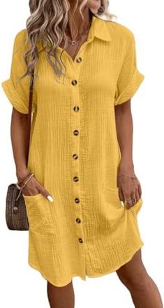 Generic Robe chemise simple &agrave; col en V pour femme, robe chemise unie, d&eacute;contract&eacute;e, l&eacute;g&egrave;re, ample, robe de plage avec poches, jaune, 3XL
