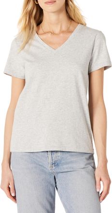Amazon Essentials Damen Kurzarm-T-Shirt mit V-Ausschnitt, Regular Fit aus 100 % Baumwolle, Hellgrau Meliert, XXS