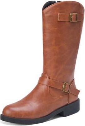 Generic Bottes Hautes en Cuir Chics pour Femmes avec Fermeture À Glissière Latérale À Double Boucle Talons Bas Chaussures DÉquitation Quotidiennes Décontracté