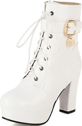 SJJH Bottines &agrave; fermeture &eacute;clair lat&eacute;rale pour femme - Talon de 10 cm - Boucle en m&eacute;tal - Doublure douillette, Blanc., 43 EU