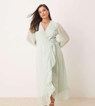 Vila Maxi-Wickelkleid aus Dobby-Stoff in Salbeigrün mit Rüschen