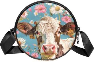 Generic Petit sac &agrave; bandouli&egrave;re circulaire pour femme, motif vache, marguerites, fleurs, sac &agrave; dos &agrave; bandouli&egrave;re avec fermeture &eacute;clair, bretelles r&eacute;glables, s