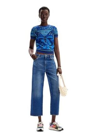 Desigual T- Shirt &agrave; Manches Courtes en Tricot pour Femme, Bleu, XL