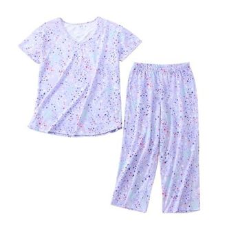 Generic Ensemble de pyjama en coton pour femme - Haut à manches courtes - Pantacourt - Vêtement de nuit - Chemise de nuit - Adolescente et fille, lilas, XXL