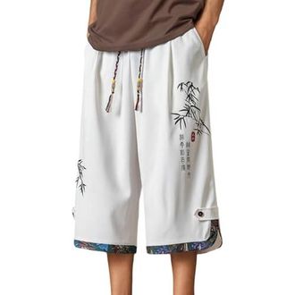 Generic Pantalon Japonais Homme Baggy 3/4 Pantalon Court Taro pour Hommes en Lin V&ecirc;tements Kimonos Traditionnels Japonais avec Cordon de Serrage Pantacourt D&eacute;