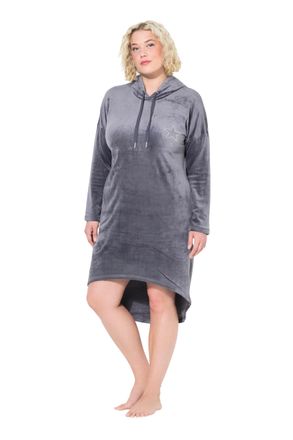 Ulla Popken Damen gro&szlig;e Gr&ouml;&szlig;en &Uuml;bergr&ouml;&szlig;en Plus Size Loungewear-Nickikleid, Kapuze, Langarm, recycelt dunkelgrau 54+ 834550102-54+