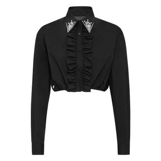 Philipp Plein Femme, Blouses et Chemises, Noir, Taille: 44 FR Poplin Cropped Shirt