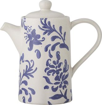 Bloomingville Creative Collection Petunia Teekanne, handgestempelt, Blau-Weiß, Steingut, Vintage-Look, 800 ml, Ø10,5xH19,5 cm