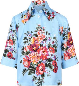 Dolce & Gabbana Femme, Blouses et Chemises, Bleu, Taille: 40 FR Chemise Courte &agrave; Imprim&eacute; Floral