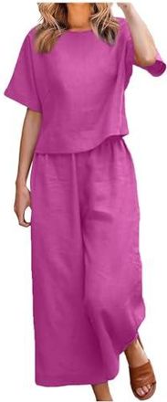 Generic Tenues 2 pi&egrave;ces en lin pour femme - Haut &agrave; manches courtes - Pantalon large - Costume d&eacute;t&eacute; d&eacute;contract&eacute; - Ensemble deux pi&egrave;ces en lin pour femme, rose 
