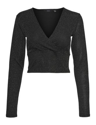 Vero Moda Damen Vmkanva Ls Glitter Short V-Neck Top JRS Langarmbluse, Black/Detail:Silver Lurex, Small