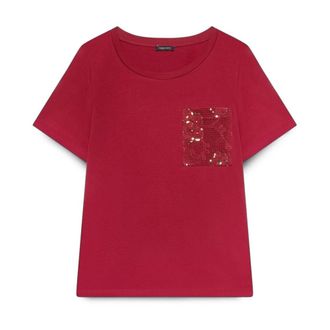 Fiorella Rubino Femme, Tops, Rouge, Taille: 46 FR T-shirt en coton avec poche en crochet et sequins