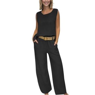 Generic Tenues da&eacute;roport pour femmes 2026 couleur unie &agrave; manches courtes en coton et lin &agrave; &eacute;paules d&eacute;nud&eacute;es - Ensemble deux pi&egrave;ces pour femme - Tenue de d&eacute;ten